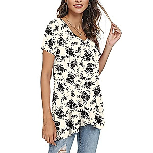 POPYOUNG Women's Summer Casual Short Sleeve Tunic Tops to Wear with Leggings V-Neck T-Shirt Loose Blouse L, Ink Rose