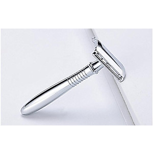 Heavy Duty Chrome Double Edge Safety Razor & Base Stand Long Handle Lengthen Version w/ 10 Platinum Super Sharp Blades + Mini Cleaning Brush & Pouch Manual Wet Shaving Gift Set for Men & Women