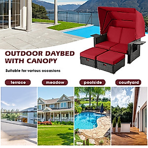 LEISU Outdoor Patio Furniture Sunbed with Retractable Canopy, PE Wicker Rattan Rectangle Sectional Sofa Set Clamshell Sectional Seating with Washable Cushions for Lawn Garden Poolside Backyard (Red)