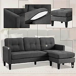 TITIMO Convertible Sectional Sofa Couch, L Shaped Sofa with Reversible Chaise Convertible Sectional Couch 3-Seater Modern Small Couches for Small Space (Grey)