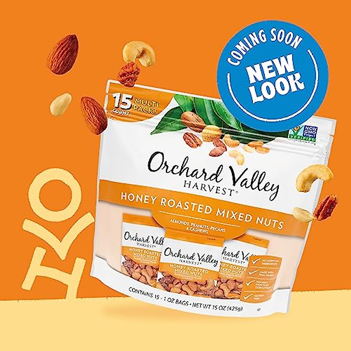 Orchard Valley Harvest Honey Roasted Mixed Nuts, 1 Ounce Bags (Pack of 15), Almonds, Peanuts, Pecans, and Cashews, Gluten Free, Non-GMO, No Artificial Ingredients