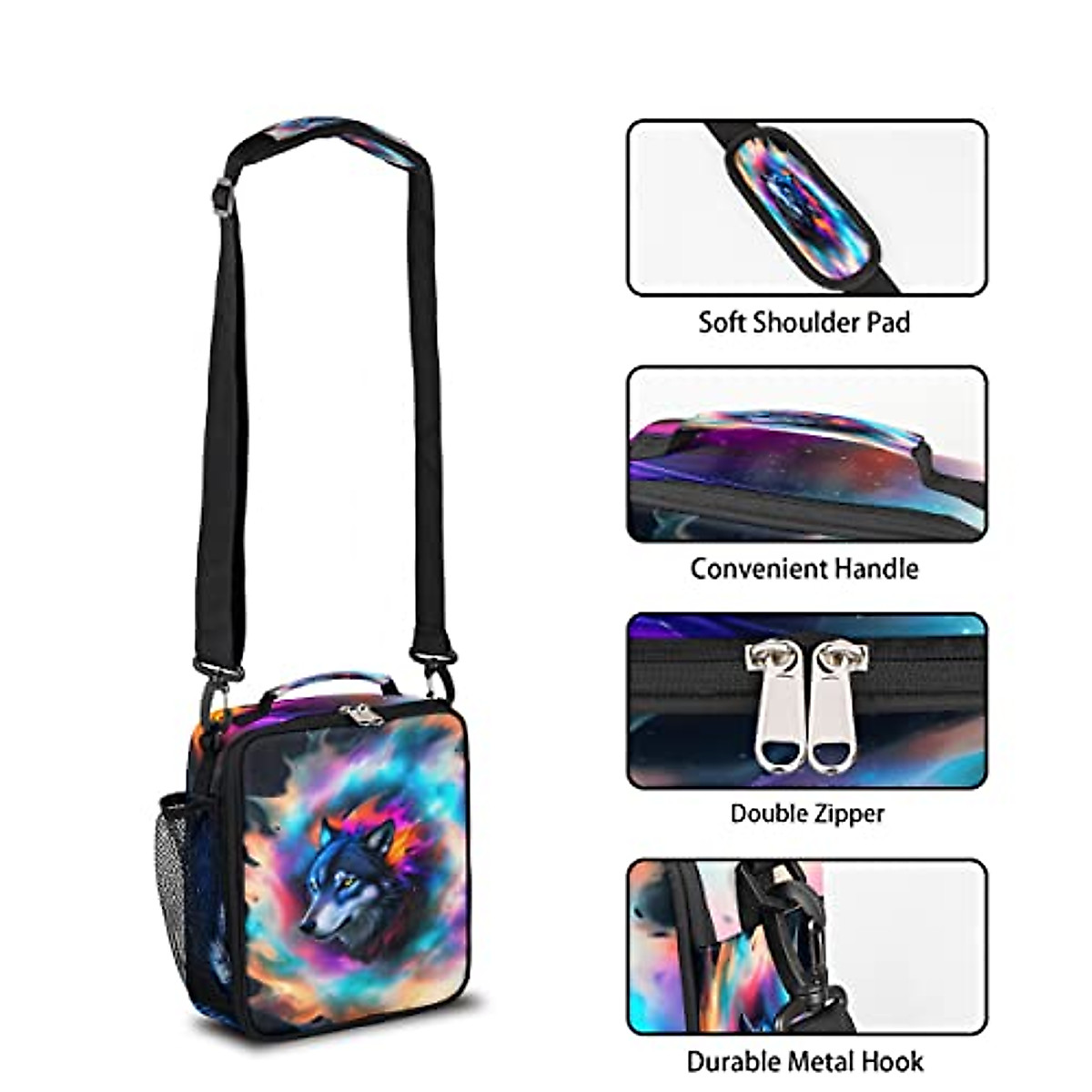 cfpolar Insulated Lunch Bag, Universe Fog Wolf Lunch Box Wide Opened Tote Reusable Lunch Container Organizer Thermal Cooler Bag with Shoulder Strap for School Office Picnic Hiking Beach Fishing