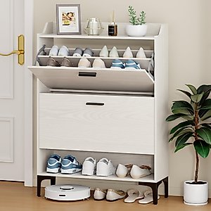 Gadroad Shoe Cabinet, Modern Slim Shoe Organizer, Tipping Shoe Cabinet with 2 Flip Drawers, Narrow Shoe Rack for Living Room Entryway, White