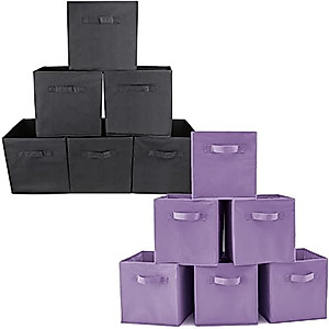 EZOWare Set of 12 Foldable Basket Bin Collapsible Storage Cube For Nursery, Kids Toys Organizer, Shelf Cabinet - (Purple + Black)