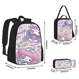ORPJXIO Backpack 3 Piece Set Kuromi Anime My Melody Laptop Backpack Pencil Case Lunch Bag Combination For Travel Work Camping