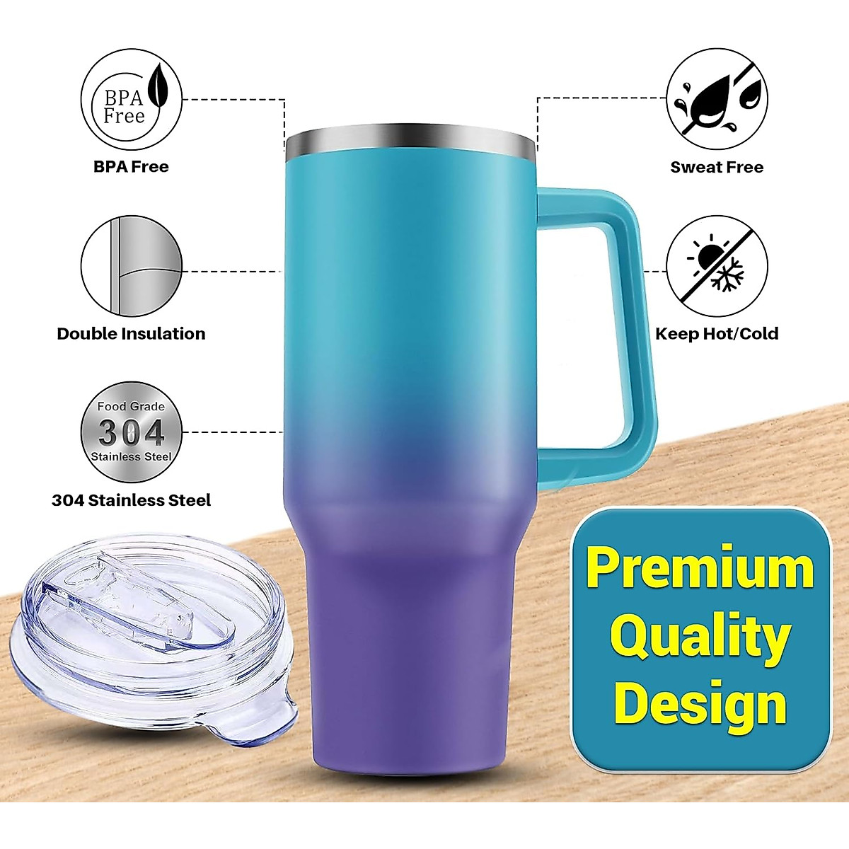 RAHATBEE 40 oz Tumbler with Handle and Straw Lid, 100% Leak-Proof Travel Coffee Mug, Reusable Stainless Steel Insulated Cup for Beverages, Keeps Cold for 34Hrs or Hot for 12Hrs (Blue-Purple)
