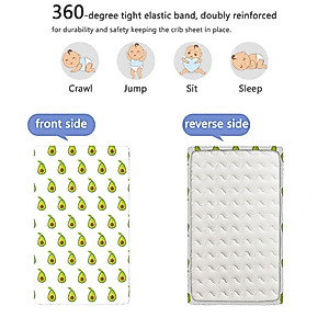 Avocado Themed Fitted Mini Crib Sheets,Portable Mini Crib Sheets Toddler Bed Mattress Sheets-Great for Boy or Girl Room or Nursery, 24“ x38“,Yellow Green Pale Redwood Fern Green and Earth Yellow