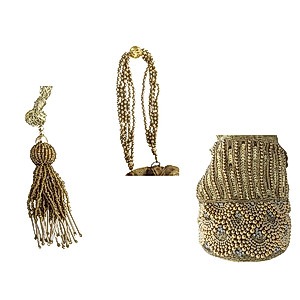 Women Handmade Beadwork Motif, Indian Potli Bag, Drawstring Bucket Bag, Bridal Evening Purse In Gold (Gold #1)