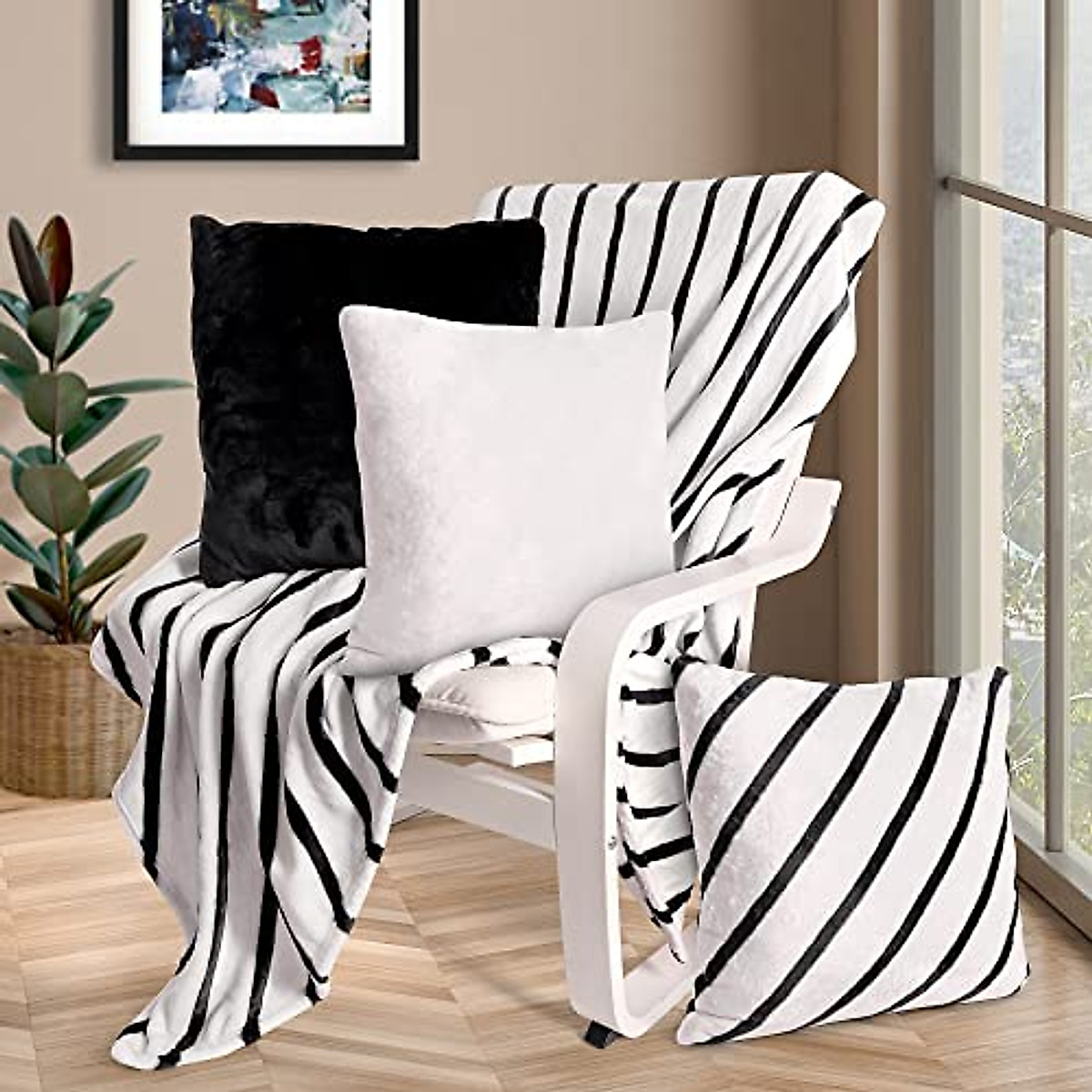 4 Piece Throw Blanket with Pillow Covers Set - Black & White Stripes Fleece Blanket with 3 Throw Pillow Covers - Soft Fluffy Cozy Flannel Blanket - Black, White and Stripe Square Pillow Covers 18x18