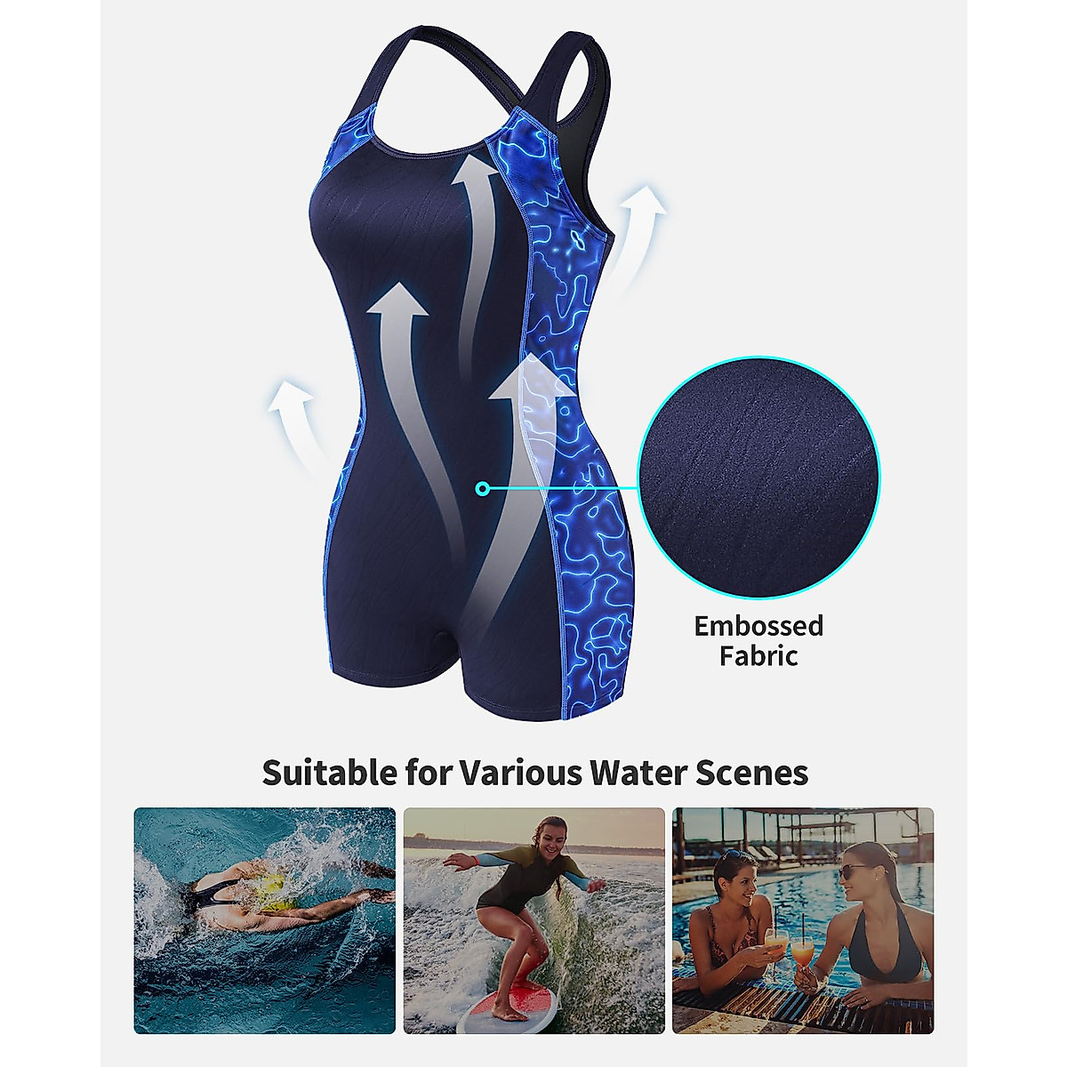 beautyin Womens One Piece Swimsuits Athletic Boyleg Bathing Suit Sports Training Boyshort Swimming Costume Blue/Navy