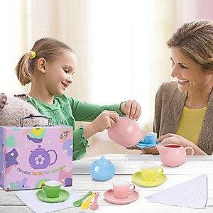 Porcelain Tea Party Set for Little Girls, 22 Pcs Princess Tea Time Toy Including Teapot,Saucers,Teacups,Sugar Bowl,Creamer Pitcher,Spoons & Tablecloth, Kids Kitchen Pretend Play for Girls Boys