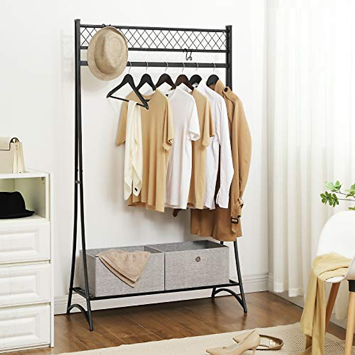 SONGMICS Clothes Garment Rack, Holds 110 lb, Elegant Tower Design, Grid Mesh Bottom Shelf, Clothing Rack for Bedroom Entryway, 37 x 15.9 x 64.6 Inches, Matte Black