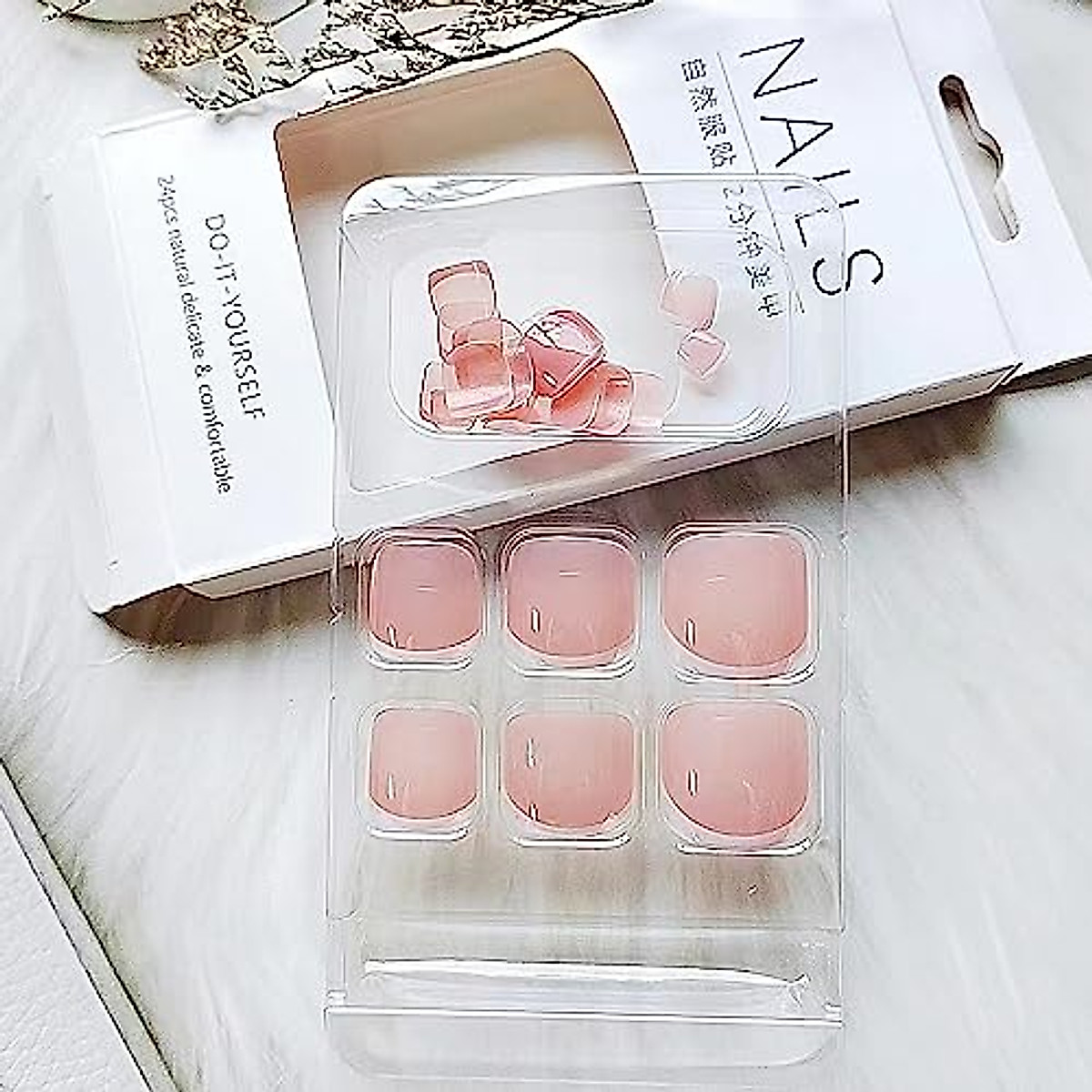 French Tips Press on Toenails Pink Square Toe Fake Nail Tips French Light Powder Design Acrylic Toe Nails Full Cover Glue on Toenails Glossy Summer False Toe Static Nails for Women Girls 24Pcs