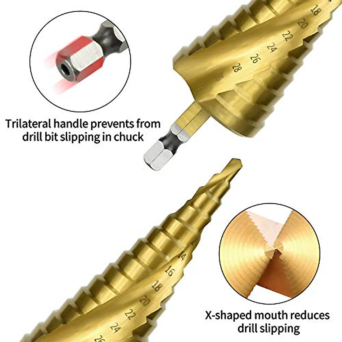 BAYTORY HSS Step Drill Bit Set, 6Pcs Hex Shank Coated Step Drill Bits Set, 4-12/20 / 32mm Large Titanium HSS Step Cone Drill Bit (Spiral 6-Piece Set)