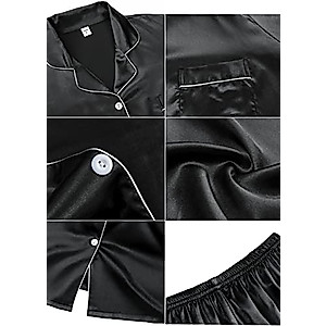 Finvizo Womens Silk Satin Pajamas Set: Soft Short Sleeve Two-piece Pjs Silky Button-down Sleepwear Loungewear Shorts Set,Black XXL