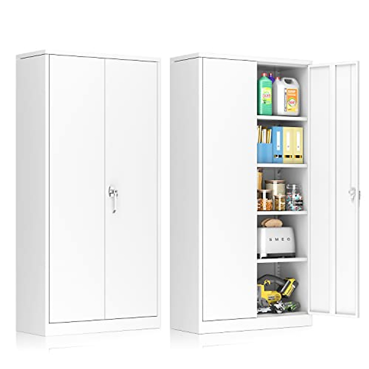 Greenvelly White Metal Storage Cabinet, 72" Locking Storage Cabinets with Doors and 4 Shelves, Tall Tool Storage Cabinet for Garage, Steel Lockable File Cabinet Metal Locker for Home Office, Classroom