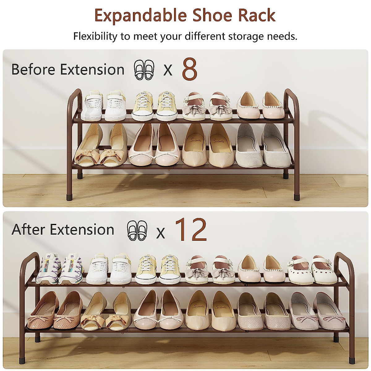 Gewudraw 2-Tier Shoe Rack Expandable, Width Adjustable Shoe Shelf Storage Organizer, 41.53'' Metal Standing Shoe Rack for Bedroom Entryway Closet, Holds up to 12 Pairs Shoes, Brown