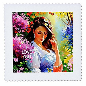 3dRose I Love You. Gentle Young Lady in The Flower Garden on a Sunny... - Quilt Squares (qs-379052-2)