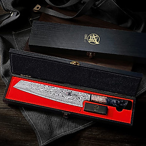 MITSUMOTO SAKARI 8 inch Japanese Kiritsuke Chef Knife, Hand Forged Japanese Sushi Knife, AUS-10 Premium Damascus Steel Kitchen Cooking Knife (Shadowwood Pomegranate Handle & Gift Box)