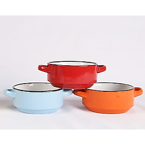 ECODECO Baking Serving Ceramic Red Soup Bowls with Handles - 16 Ounce - Set of 2 - Chowder Bisque Pot Pie Crocks