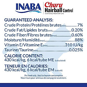 INABA Churu for Cats, Functional, Creamy Lickable Purée Cat Treat for Hairball Control with Taurine & Vitamin E, 0.5 Ounces Each, 24 Tubes (4 per Pack), Tuna Recipe