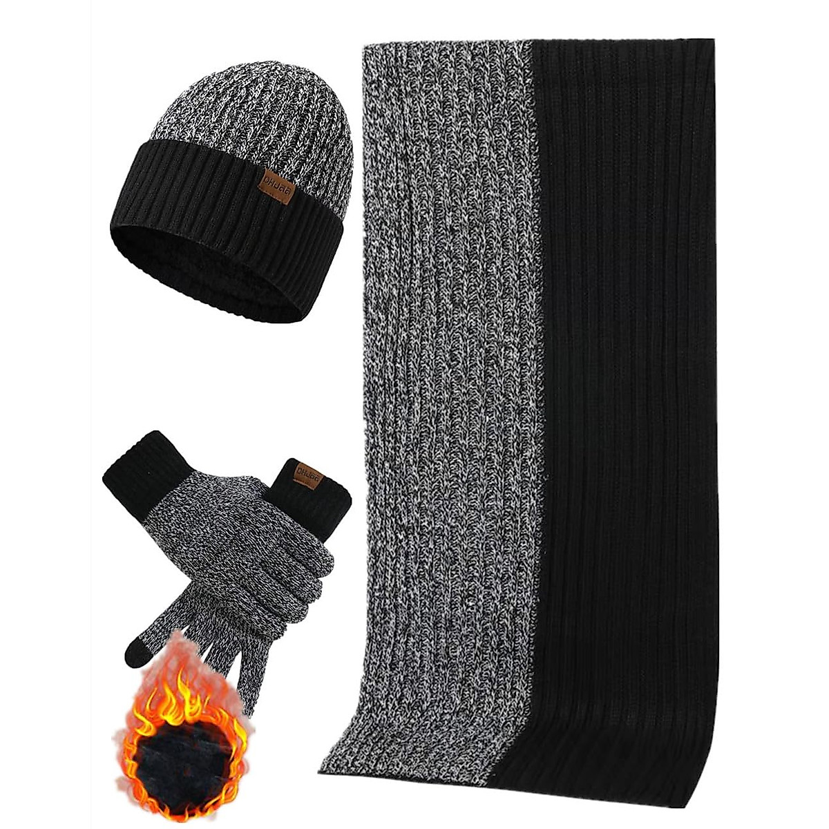 Winter Knit Beanie Hat Neck Warmer Scarf and Touch Screen Gloves Set 3 Pcs Fleece Lined Skull Cap for Men Women (black)