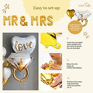 Vidal Crafts Gold Engagement Party Decorations - White & Gold Decor with Engaged Banner, Mr and Mrs Balloons, Latex Heart Confetti Balloons, Engagement Ring - Gold Themed Engagement Decorations