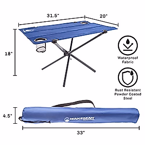 Wakeman Portable Folding Camping Table with 2 Cupholders and Carrying Bag - for Camping, Hiking, Picnics, Sporting Events, and The Beach (Blue)