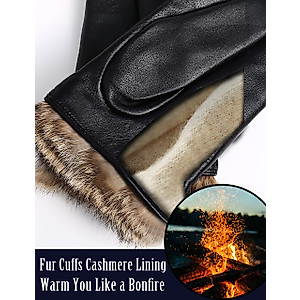 VIKIDEER Winter Warm Cashmere Lining Rabbit Fur Cuffs Leather Gloves for Women Touchscreen Black Large