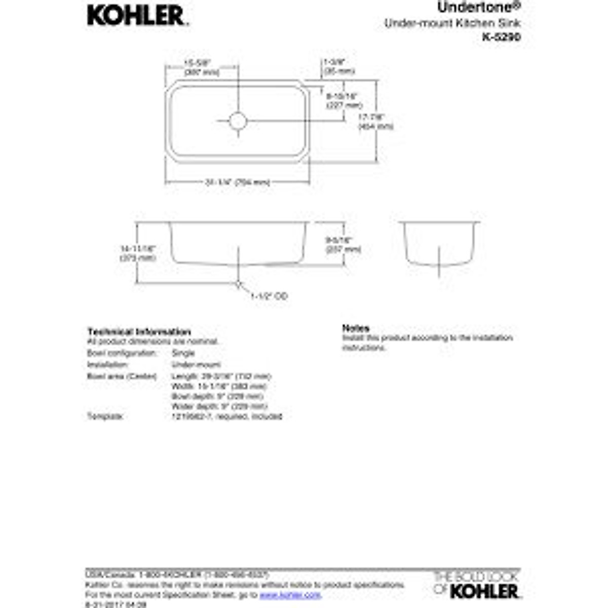 KOHLER 5290-NA Undertone 31-1/4-Inch x 17-7/8-Inch x 9-5/16-Inch Large Undermount Single-Bowl Kitchen Sink, Stainless Steel