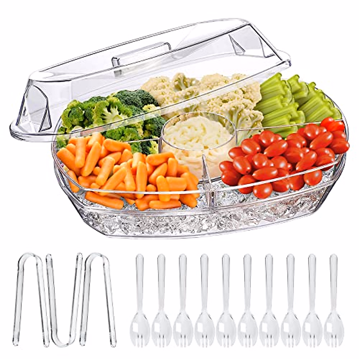 LIMOEASY Chilled Veggie Tray, 15 Inch Clear Party Platter with 4 Compartments, Ice Serving Bowl with Lid, Cold Food Buffet Server for Fruit, Vegetable, Appetizer, Shrimp