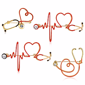Henoyso 4 Pieces Stethoscope Brooch Pins Electrocardiogram Stethoscope Brooch Heart Shaped Pin Stethoscope Lapel Pin for Clothing Bags Women Men Decorations