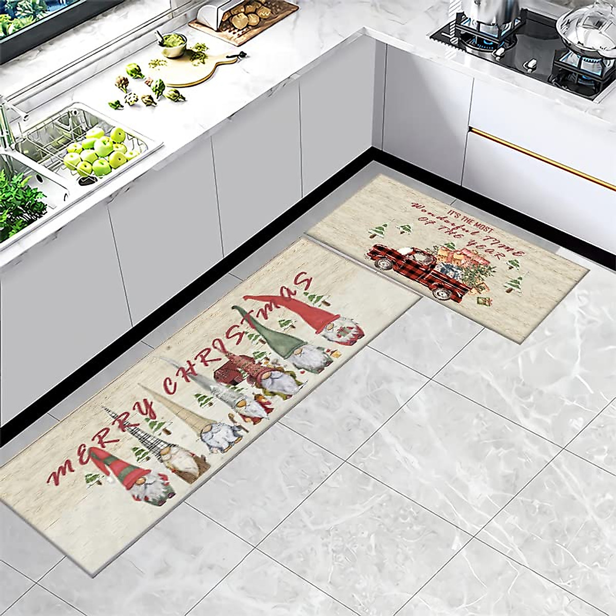 LUOWAN Christmas Gnomes Truck Tree 2 Piece Kitchen Mat Set, Farmhouse Non-Slip Anti-Fatigue Wooden Grain Standing Mats, Retro Xmas Comfort Throw Rug for Kitchen Laundry Office, 17"x29"+17"x47"