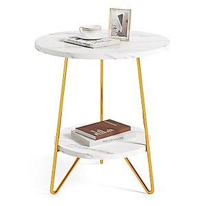 LITTLE TREE 2 Tier Faux Marble End Table Round Side Table with Shelves Small Coffee Accent Table for Living Room, White and Gold