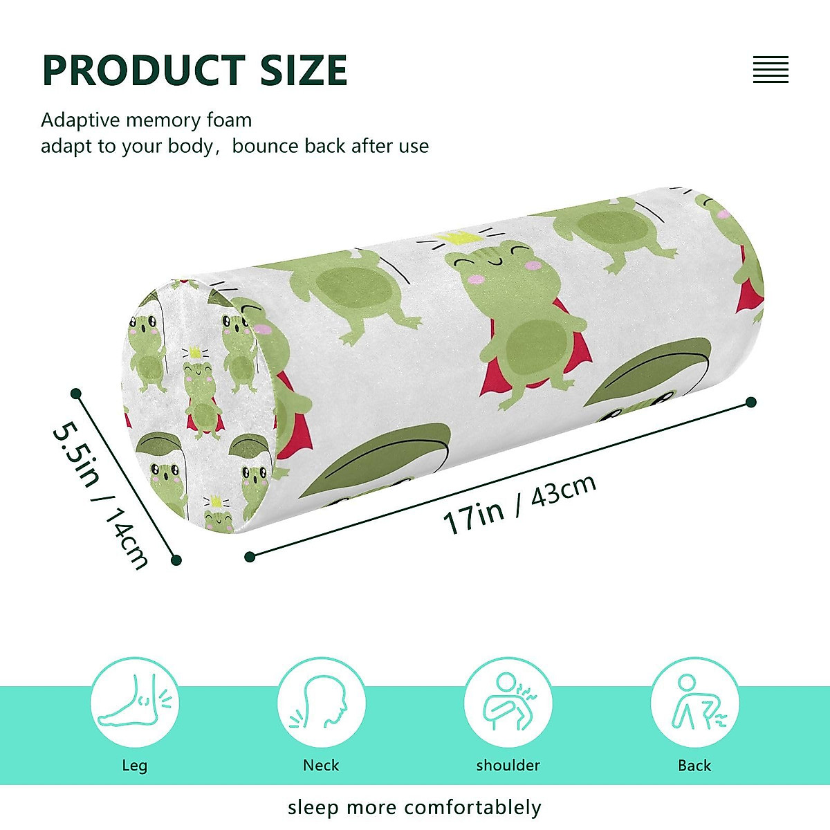 xigua Cute Frog Neck Roll Pillow for Neck Relief with Removable Washable Cover - Memory Foam Round Cylinder Bolster, Ergonomically Designed for Head, Neck, Back, and Legs