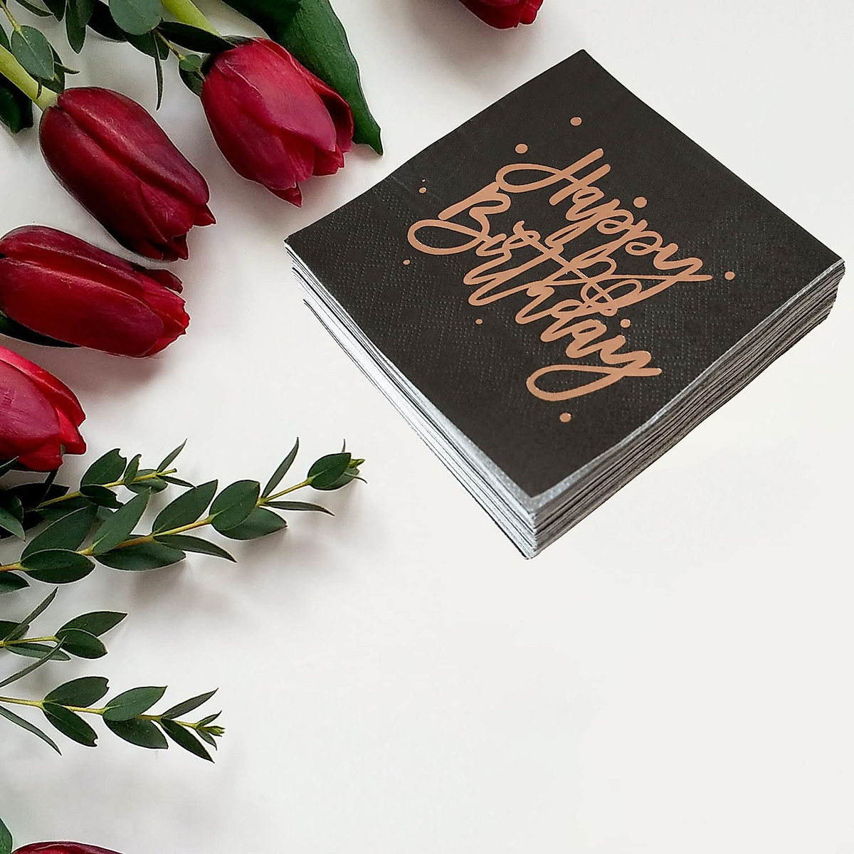 Happy Birthday Napkins Pack of 50 Rose Gold and Black Birthday Cocktail Napkins Paper Disposable Party Napkins Anniversary Lunch Dinner Birthday Decorations Supplies Beverage Napkins 3 Ply