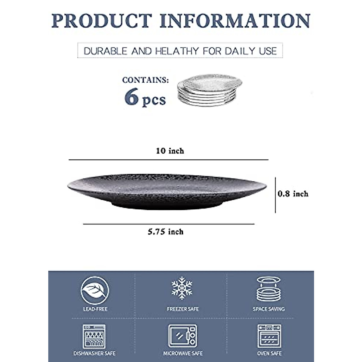 Kanwone Ceramic Dinner Plates - Set of 6, 10 Inch, Round Plates for Steak, Pasta, Salad, Pizza, Appetizer, Microwave, Oven and Dishwasher Safe, Black Glazed