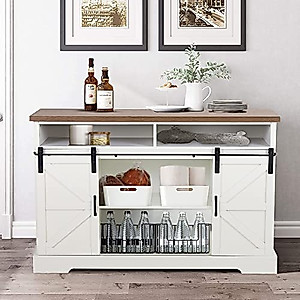 MFSTUDIO Farmhouse Coffee Bar Cabinet, 52" Sideboard Buffet Storage Cabinet TV Stand with Sliding Barn Door for Kitchen Dining Room Living Room, Ivory
