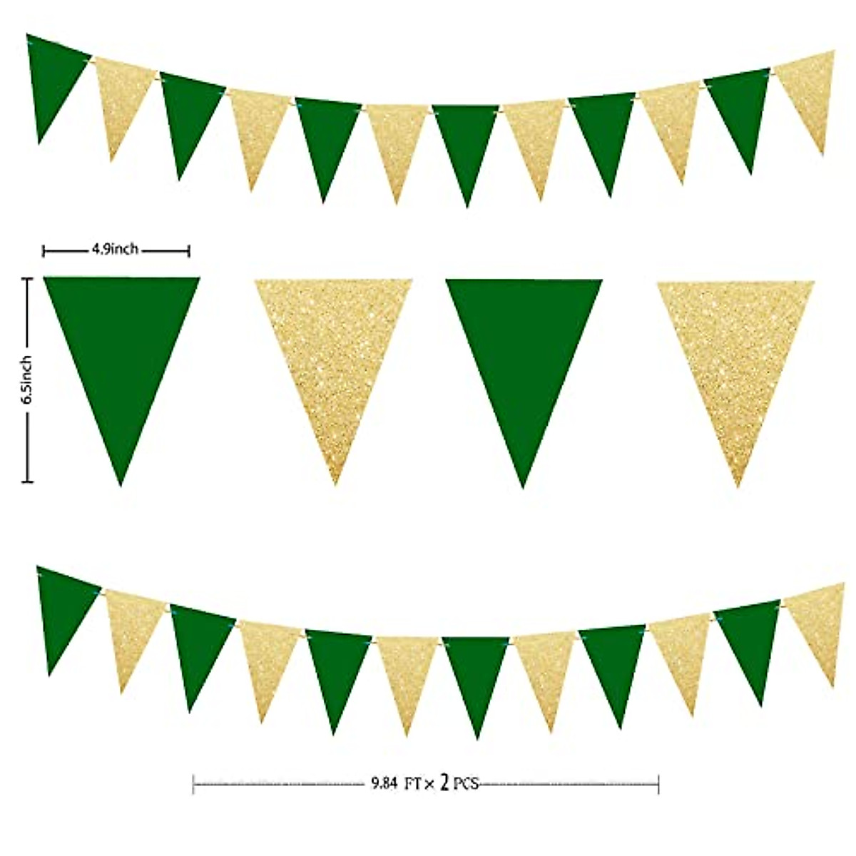 Graduation Party Decorations Green Gold 2023/St. Patrick’s Day Decorations/Birthday Party Decorations Green Gold 2pcs Glitter Gold Green Triangle Banners/Christmas Decorations/Spring Summer Party