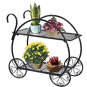 aboxoo Two-Tiered Garden Cart Metal Plant Stand, Succulent Flower Pot Holder Display Shelf for Indoor Outdoor Home Patio Garden Flower Shop, Parisian Style Plant Potted Rack(Black)