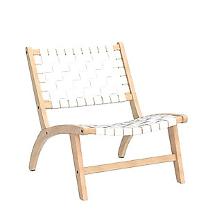Soohow Scandinavian Cognac Woven Rattan Faux Modern Accent Living Room, Bedroom Reading Mid Century Lounge, Side Brown Indoor Boho, 29D x 24.8W x 28.3H Inch, White Leather/White Chair
