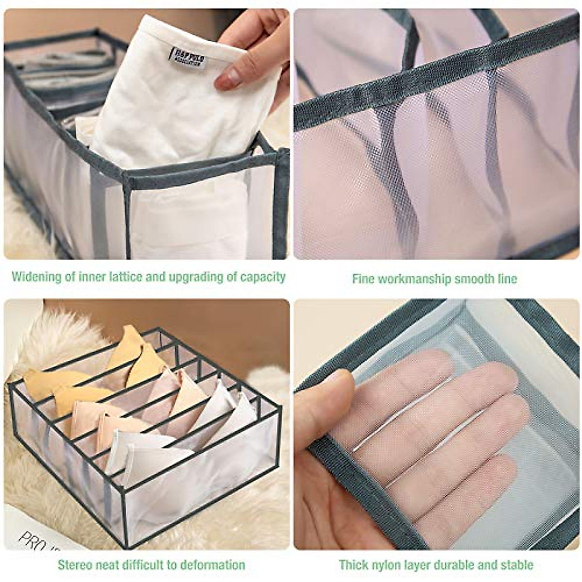 ABC life 3Pcs Underwear Drawer Organizer Set, Foldable Sock Bra Underpants Organizer Drawer Divider, Washable Closet Cabinet Storage Boxes for Clothes, Stockings, Ties and Bras (6+7+11 Grid, Grey)