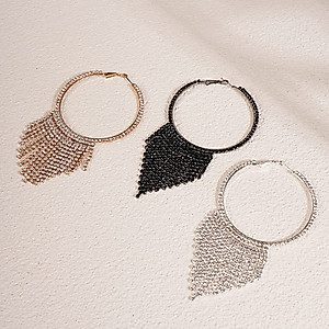 JWICOS Large Rhinestone Round Hoop Earrings for Women Long Chandelier Tassel Dangle Earrings for Party Gift Wedding (Black)