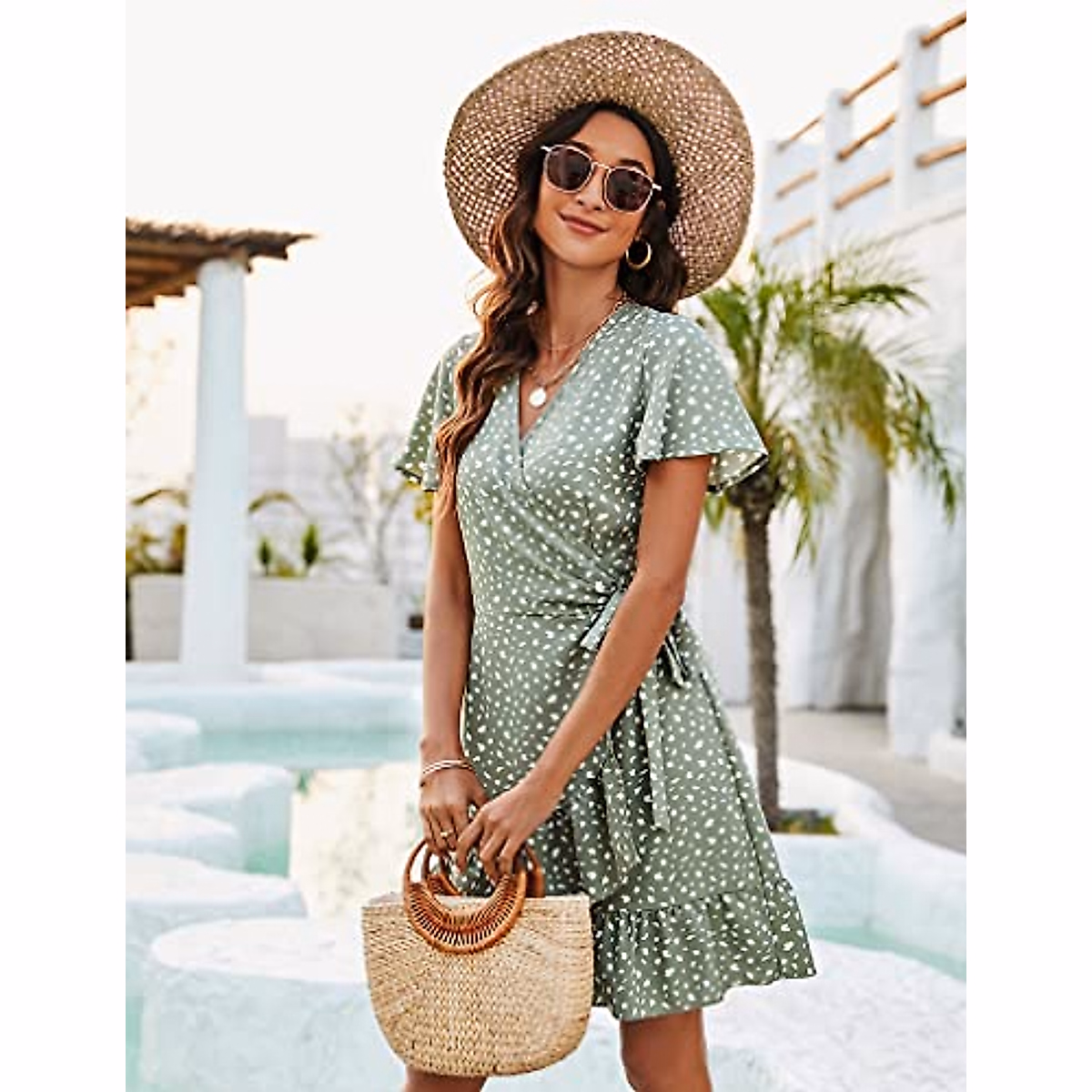 Naggoo Summer Dress for Women Short Wrap Dress Country Dress Sage Green S