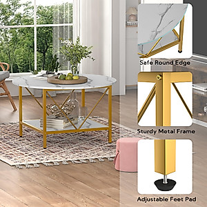 Yusong Round Coffee Table for Living Room, Farmhouse Circle Coffee Table with Storage Shelf, 2-Tier Modern Center Table with White Faux Wooden Tabletop, Gold Metal Frame