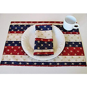 Stars & Stripes Patriotic Kitchen Linens Set (5 Pieces Total) 2 Tea Towels 2 Pot Holders 1 Hotpad Made In USA Patriotic Red Off-White Blue Stars Glitter 100% Cotton Custom Made-To-Order