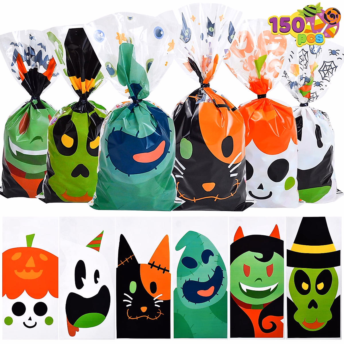 JOYIN 150 PCS Halloween Cellophane Treat Bags with Twist Ties, Halloween Cellophane Clear Candy Bags for Trick or Treat, Halloween Cookie and Goodies Gift Bags for Party Favor Supplies