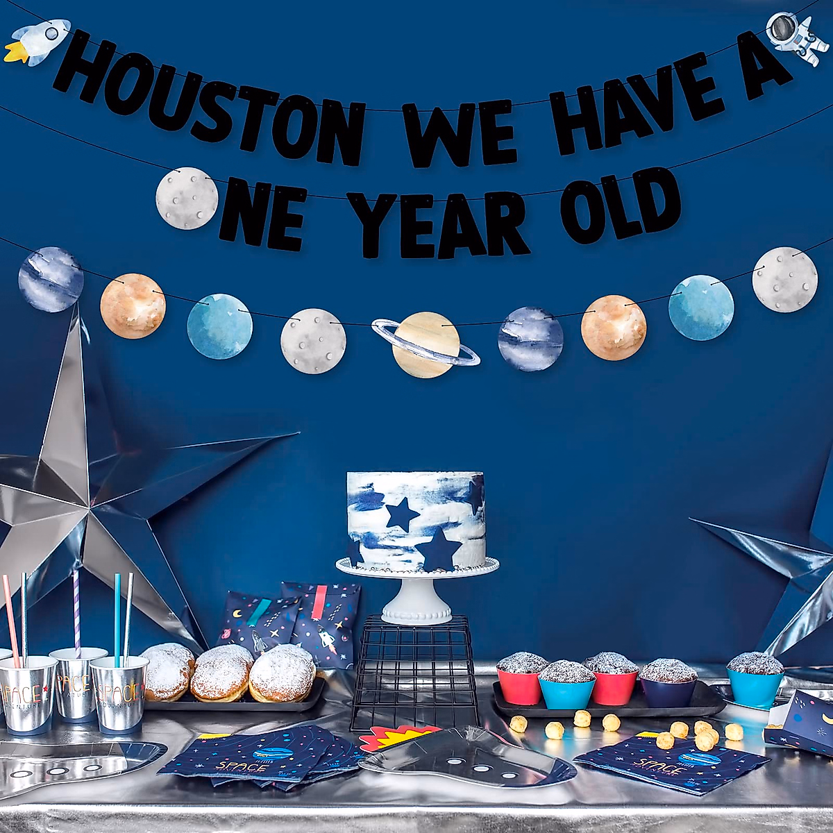 Bessmoso Outer Space First Birthday Banner Houston We Have a One Year Old Party Decorations Rocket Astronaut Solar System Planet 1st Celebration Party Hanging First Trip Around The Sun Supplies