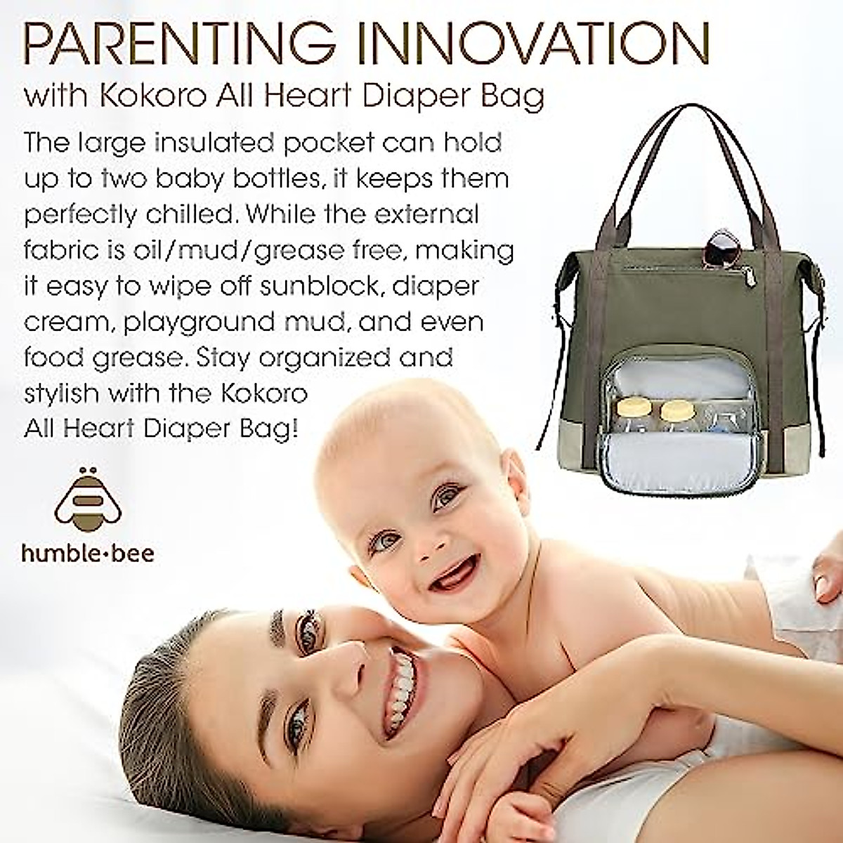 Humble Bee Kokoro All Heart Convertible Diaper Bag for Men & Women: Converts from Backpack to Tote, Spacious Compartments, Multiple Pockets, Removable Accessories & Stroller Strap Design (Olive Dusk)