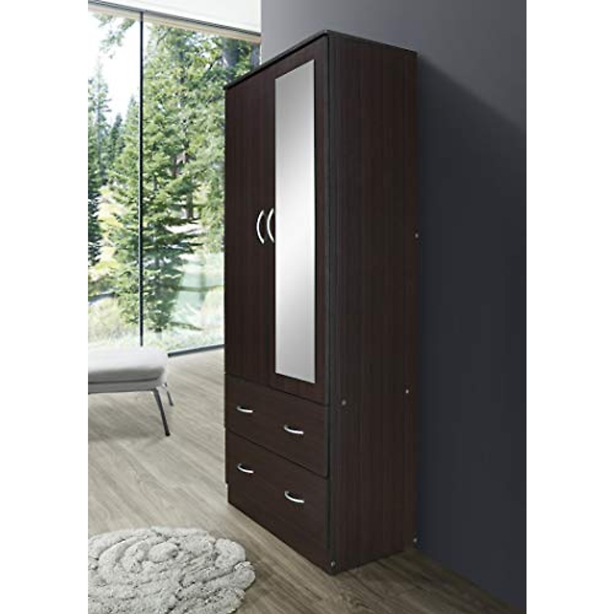Hodedah Two Door Wardrobe with Two Drawers and Hanging Rod plus Mirror, Chocolate